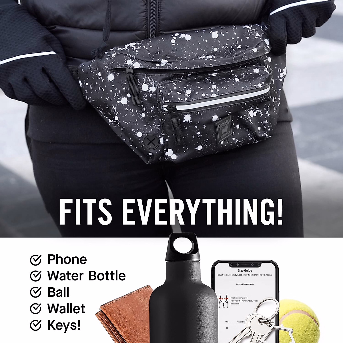 Canada Pooch Everything Dog Walking Fanny Pack - Dog Fanny Pack with Dog Poop Bag Dispenser & Dog Treat Pouch, Great as Dog Training Fanny Pack, Adjustable up to 54” - Splatter