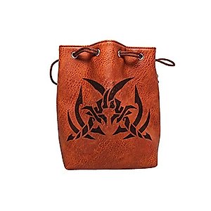 Large Brown Leather Lite Dice Bag – Self Standing and Holds Over 400 Polyhedral Dice with Drawstring Tie – Multiple Designs Available (Raven)