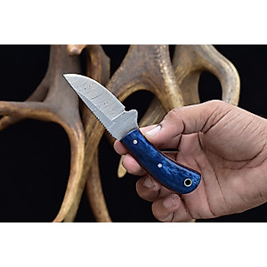 Knives Ranch Handmade Damascus Steel Full Tang 5-1/2" Cowboy Style Dandy Knife with Blue Dyed Cattle Bone Handle and Horizontal Carrying Crossdraw Sheath Snug Fit (2006-BLU)