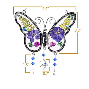 Laraine Butterfly Suncatcher with Pressed Colourful Flower Wings Mom Mother's Day Butterfly Glass Wind Chime Ornament Charm with Metal Heart Gifts for Mom Grandma Birthday (Purple Grandma)