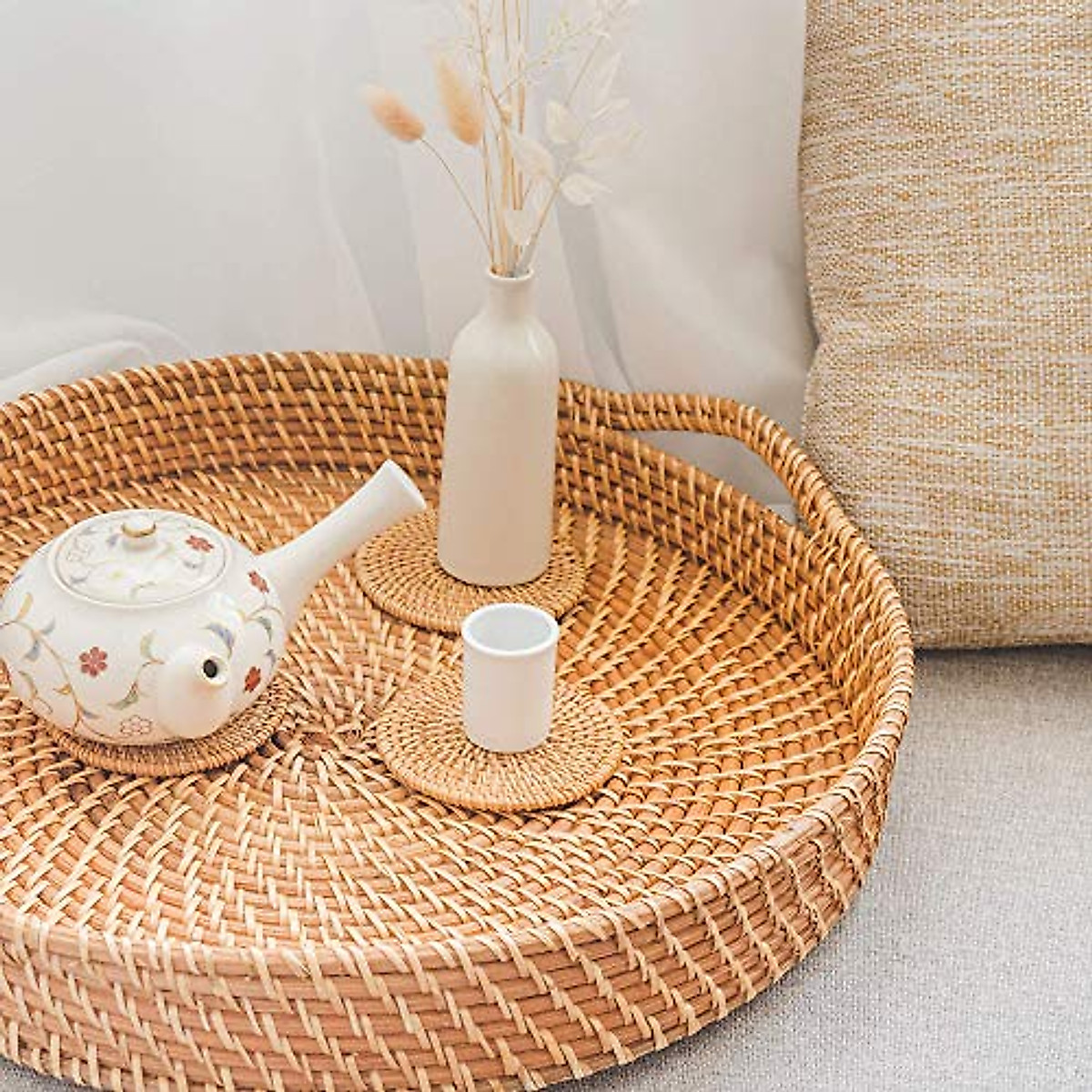 Artera Handmade Natural Rattan Coasters - Round Straw Woven Trivet for Teacup, Wicker Heat Resistant Plate Pad for Hot Pots and Pans, Non-Slip 6 Piece Coaster Set with Holder