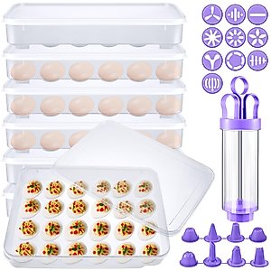 Maxcheck 6 Pack 144 Count Deviled Egg Containers with Lid and 3 Set Deviled Egg Injector Piping Tool Clear Plastic Organizer for Refrigerator Stackable Dispenser Carrier Tray for Easter Thanksgiving