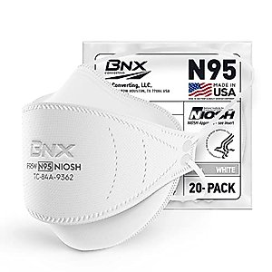 BNX N95 Mask NIOSH Certified MADE IN USA Particulate Respirator Protective Face Mask, Tri-Fold Cup/Fish Style, (20-Pack, Approval Number TC-84A-9362 / Model F95W) White
