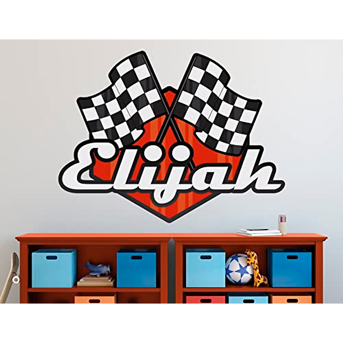 Race Flag Name Wall Decal - Personalized Wall Art for Boys, Baby, and Kids - Custom Name Wall Decal with Race Car Theme - Checkered Flag Wall Stickers - Wall Letters Decor for Bedroom