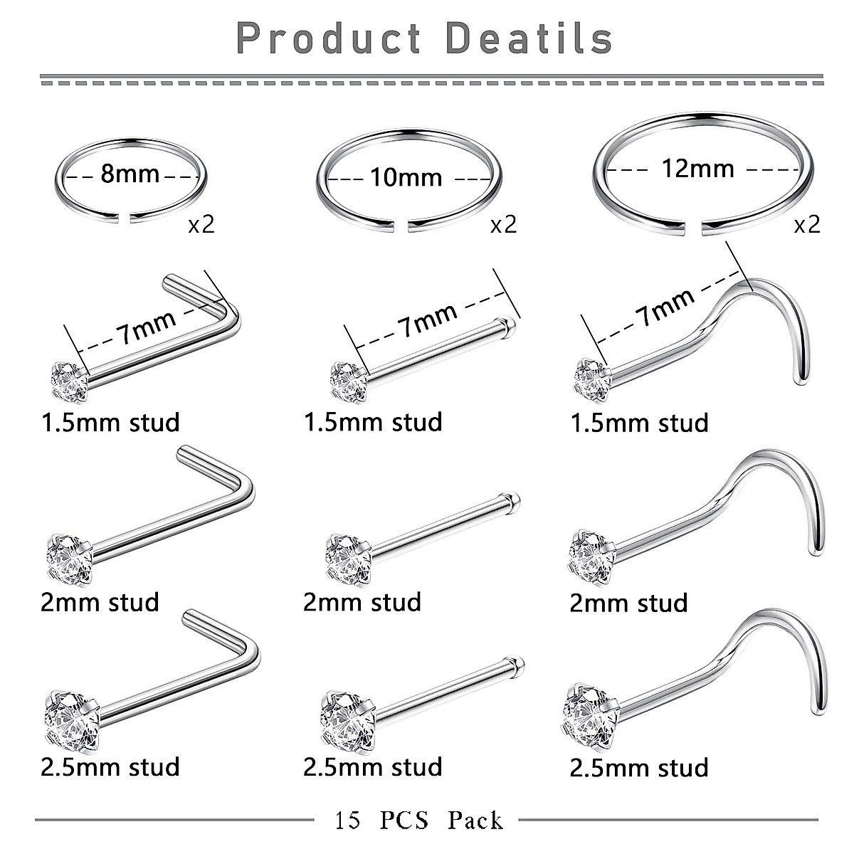 Magitaco 15Pcs 20G Surgical Steel Nose Rings Hoop Nose Ring Studs L Shape Screw Nose Studs Nose Piercing Nose Pins Nose Rings for Women Men
