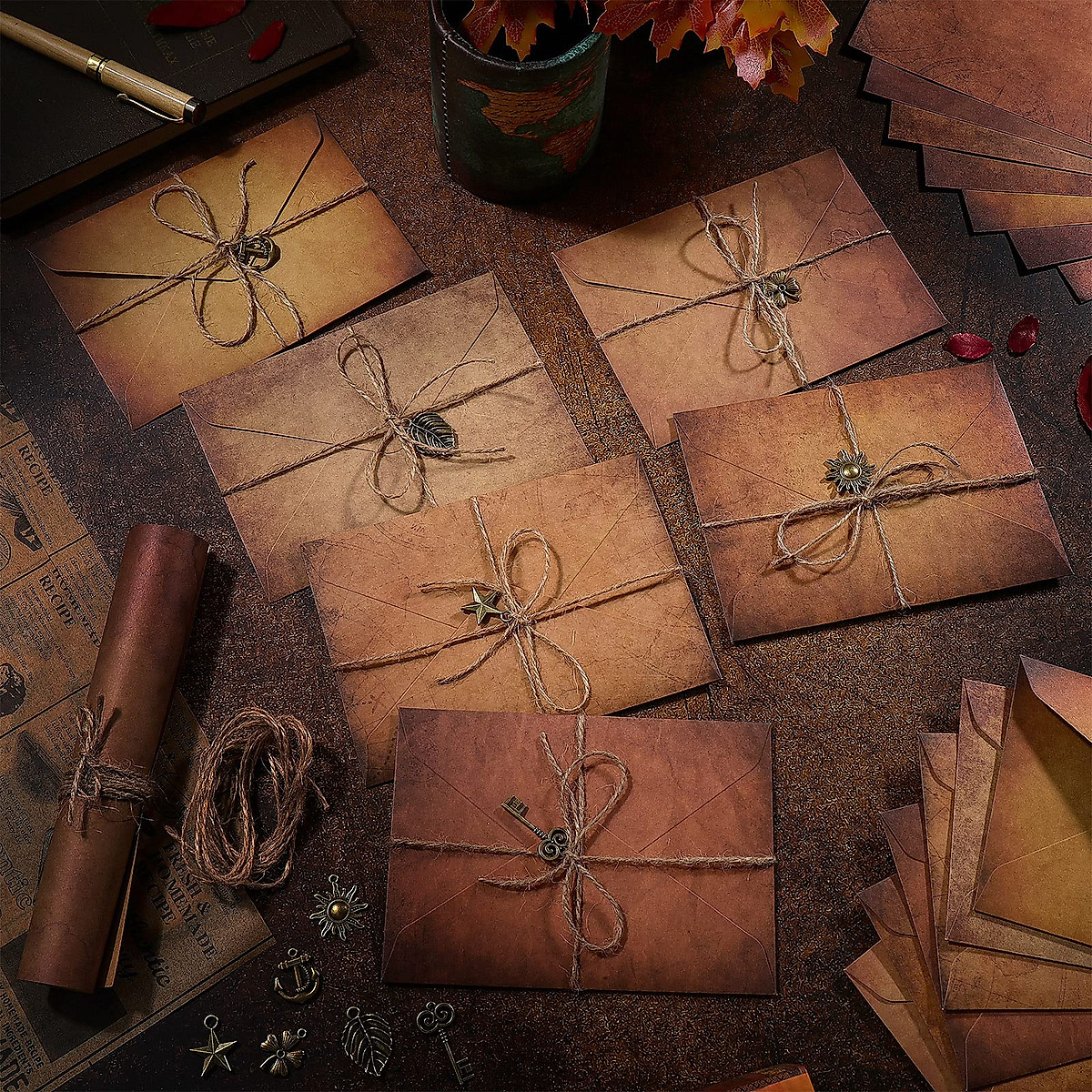 Vintage Stationary Paper and Envelopes Set, Writing Stationery Paper Letter and Envelopes Includes Sheets Antique Letter Papers, Kraft Envelopes, Retro Accessories, Rope (60 Pieces)