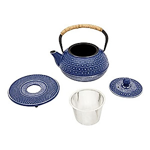 3 Piece Set Blue Japanese Cast Iron Teapot, Loose Leaf Tetsubin with Handle, Stainless Steel Infuser, and Trivet (27 oz, 800 ml)