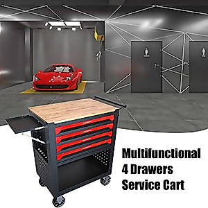 36" Tool Box with Wheels 4 Drawers Rolling Tool Cart, Wooden Top Workbench, 660lbs Total load Tool Cabinet with Locked Drawers Storage Organizer Cabinet for Garage, Warehouse, Repair Shop - Red