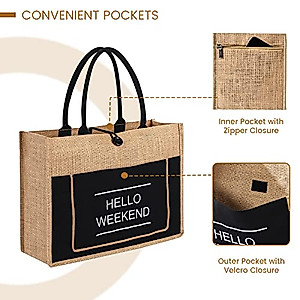 Trifabricy Beach Bag for Women - Large Jute Straw Beach Tote Bag, Hello Weekend Embroidery Canvas Tote Bag, Weaving Swim Gym Shopping Travel Bag, Black