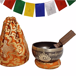 Khusi 4.5 Inch Tibetan Singing Bowl Set, Handmade, Decorative Chakra Bowl for Mindfulness, Wisdom Eye Mantra Engraved, Comes w/Silk Cushion, Leather Mallet and Carry Pouch