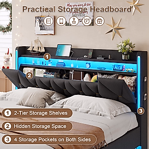 busyaeh King Floating Bed Frame with Hidden Storage Space and Charging Station, RGB Light Fabric Platform Bed with LED Light, No Box Spring Needed, Dark Gray