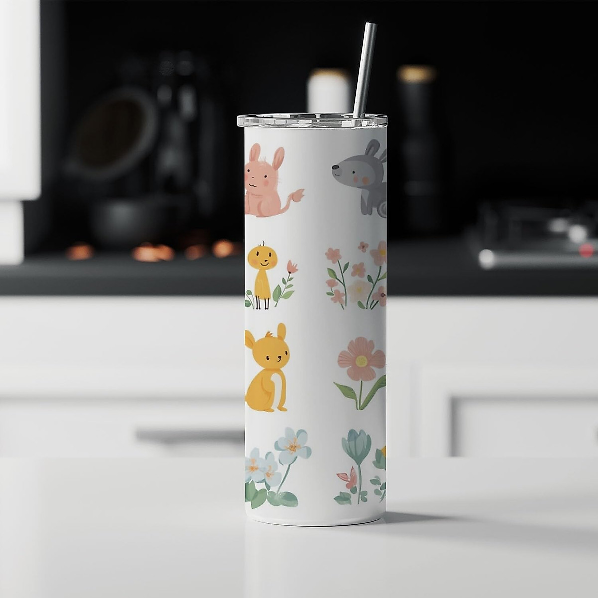 Tumbler with Lid and Straw Cute Cartoon Animals and Plants Thermos Coffee Travel Mug Cute Cups 20 oz Insulated Tumbler for Daily Holiday Decor Gift Coffee Cup
