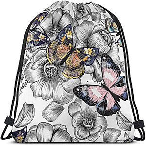 Beabes Colorful Butterflies Drawstring Bags Backpack Bag Flowers Bird Animal Beautiful Wings Magic Art Hand Painted Sport Gym Sack Drawstring Bag String Bag Yoga Bag for Men Women