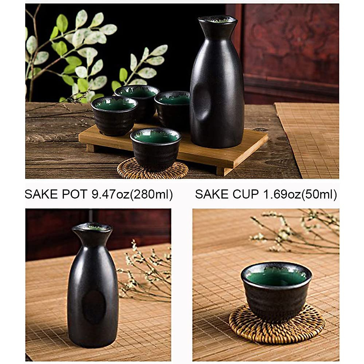 Sake Set Black Japanese 5 Pieces Traditional Japanese Sake Cup Set Hand Painted Design Porcelain Pottery Ceramic Cups Crafts Wine Glasses Gifts (Classic, 280 ML)