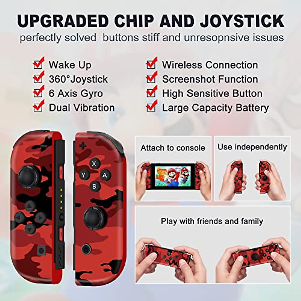 SANGDER Wireless Controller Replacement for Nintendo Switch，Wireless Switch Controller Support Wake-up Function with Grip（Camo Red）