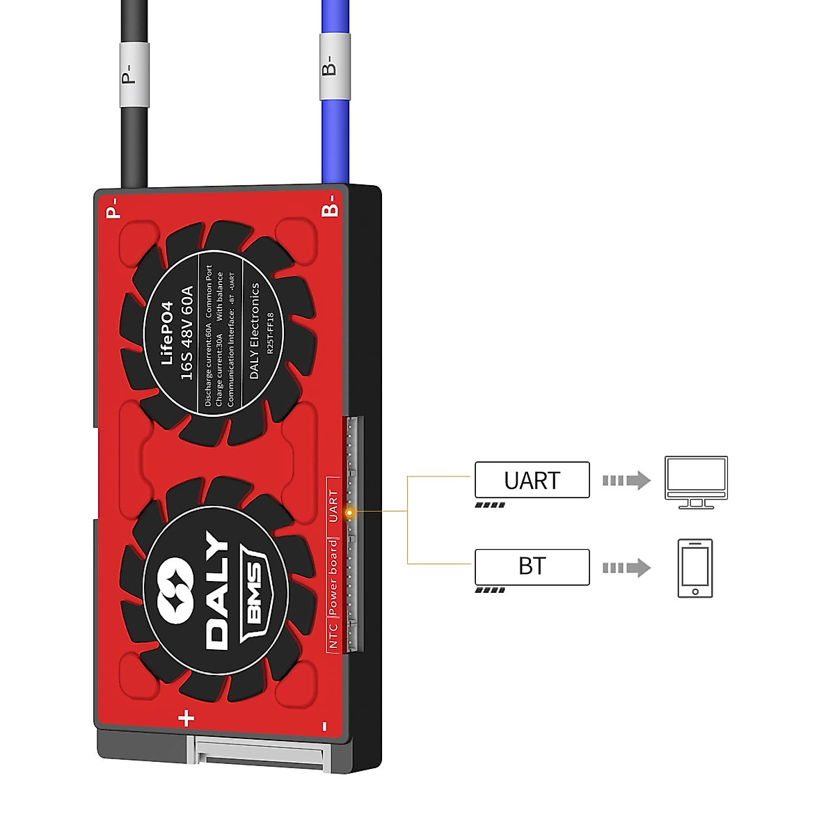 Daly Programmable Configurable Smart BMS 16S 48V 60A UART LiFePO4 Battery Protection Board with Balance Leads Wires BMS for 18650 Battery Pack 48V DIY