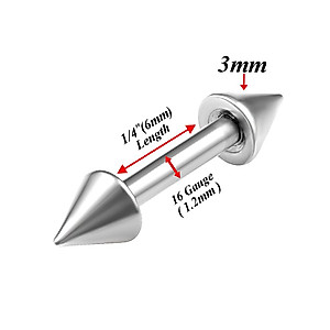 bodyjewellery 4pcs 16g Barbell Cartilage Earring Stud Vertical Anti Tragus Triple Forward Helix Bar Surgical Steel 3mm Spike - 6mm