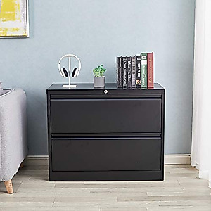 Reemoon Metal Lateral File Cabinet with Lock, 2 Drawer File Cabinet for Legal and Letter Size, Steel Filing Storage Cabinet for Home and Office, Assembly Required, Black