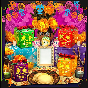Glooglitter 32 Sets Dia De Los Muertos Luminary Bags Lanterns with Flameless Tea Candle Halloween Day of The Dead Paper Treat Bags Flame Resistant Candle Box for Dia De Los Muertos Party Decorations