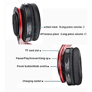 Bluetooth Headphones Over Ear Headphones with Deep Bass LED Foldable Stereo Headphones, Wired and Wireless Headset for Smart Phone/TV/PC(Red/Black)