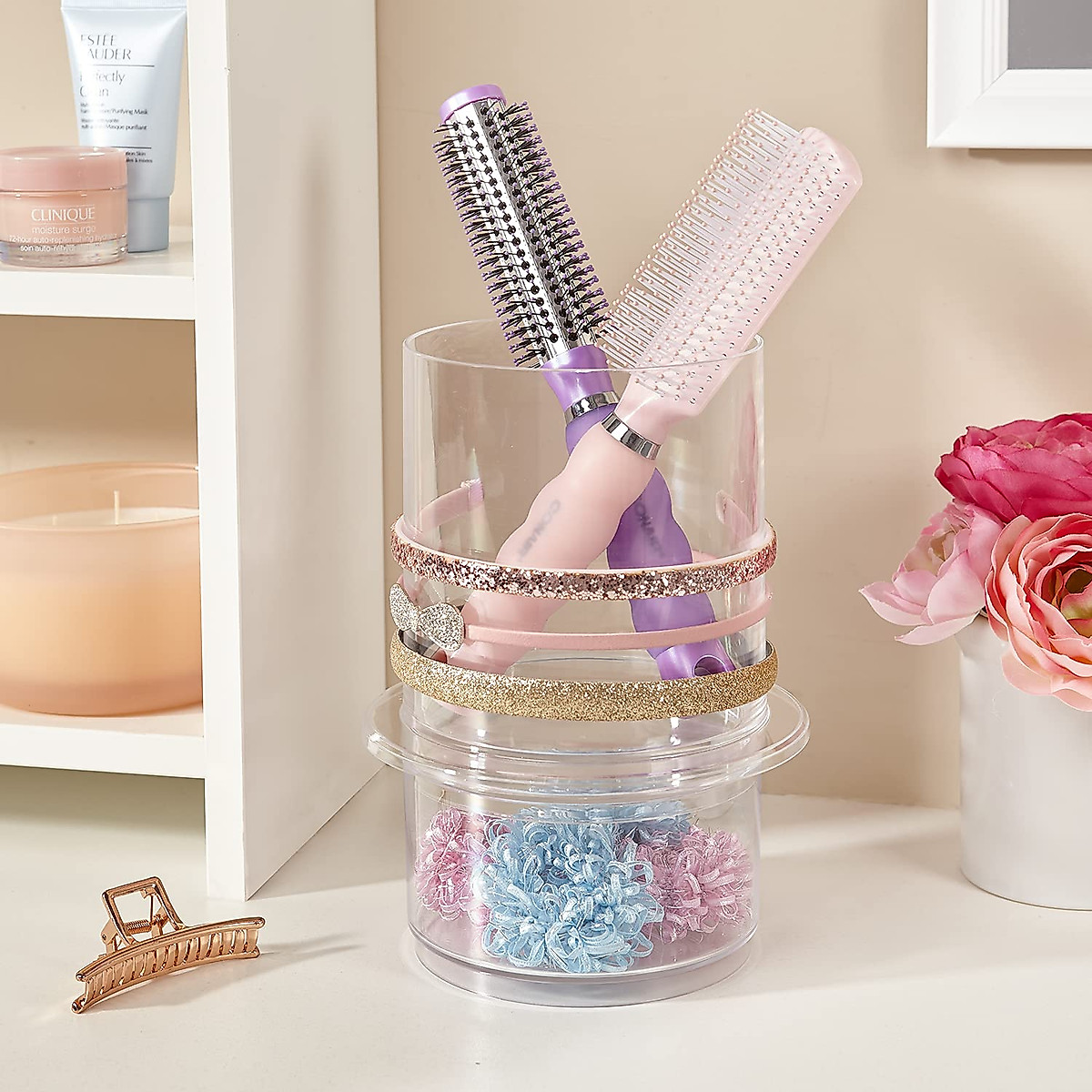 STORi Bella Stackable Clear Plastic Hair Accessory Organizer Set | Round Headband and Hairbrush Holder Stacks on The Storage Containers with Tray Lid | Made in USA