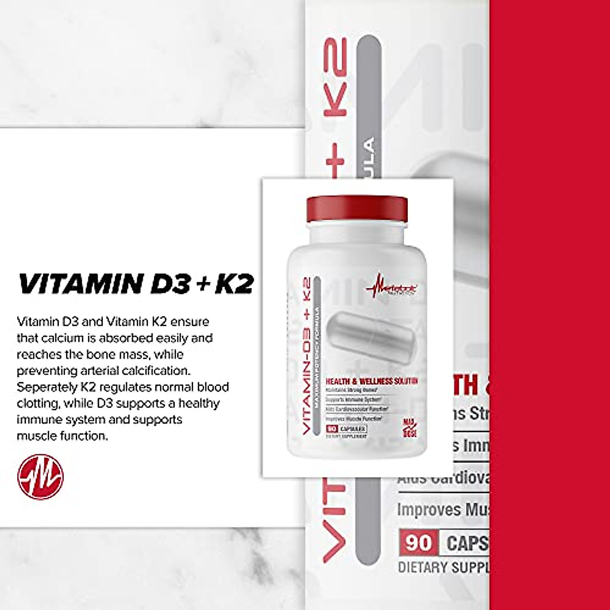 Metabolic Nutrition Vitamin D3 + K2, Bone and Heart Health Formula, Immune Support, 90 Veggie Caps Max Dose
