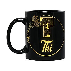 Coffee Mug Personalized Thi Name & Initial Letter Monogram Floral Alphabet Mug Golden Flowers Custom Black Coffee Cup, Gift for Her Mom Coworker Sister, Wife, Girl 11oz Black Mug 192018