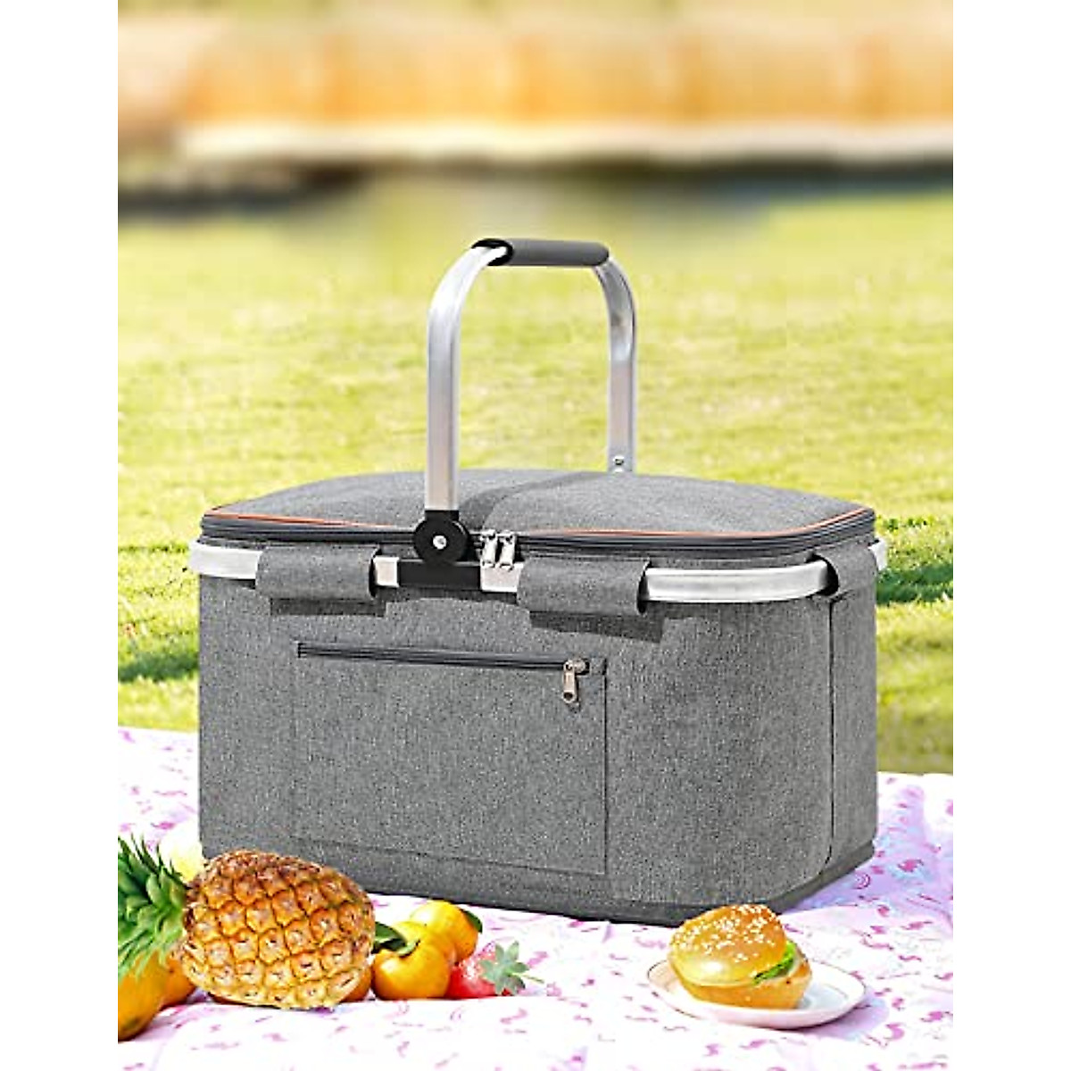 Pamime 35L Large Picnic Basket Aluminum Folding Picnic Basket Insulated Lunch Bag Padded Handle Picnic Basket for Men for Travel Cooler Shopping Camping Grocery Bags(Grey)