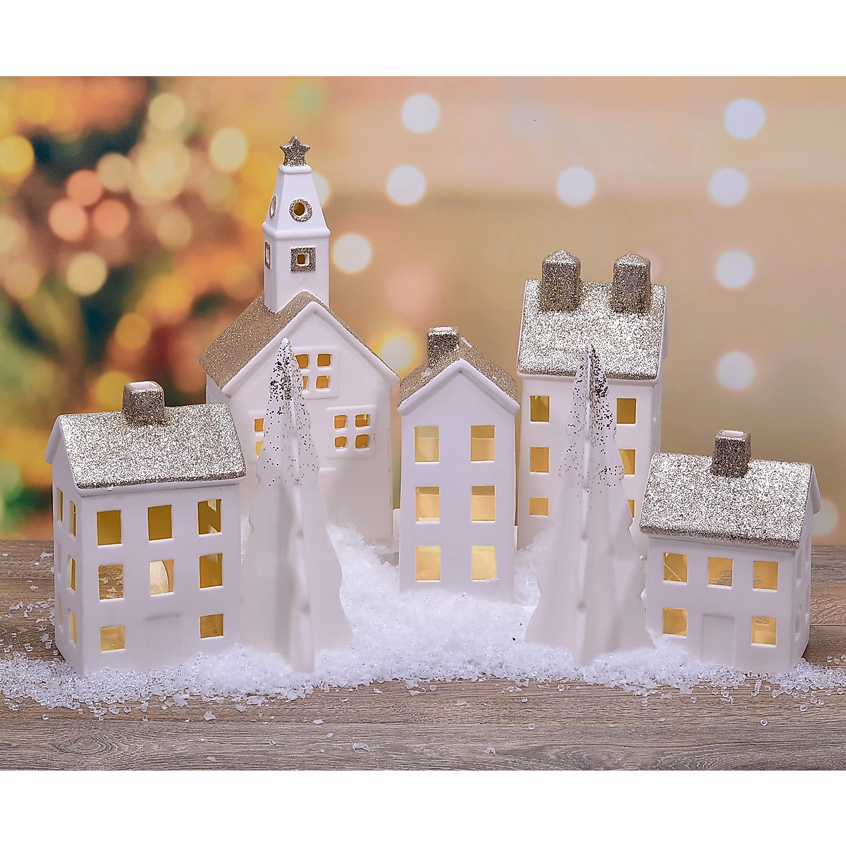 Mark Feldstein & Associates Village White Glitter 12 inch Porcelain LED Christmas Figurines 9 Piece Set
