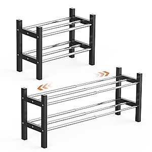 Nroech Expandable Shoe Rack Storage Organizer-Adjustable 2 Tier Wood and Metal Shoe Shelf Heavy Duty Free Standing Shoe Rack for Closet Bedroom Entryway (Black)