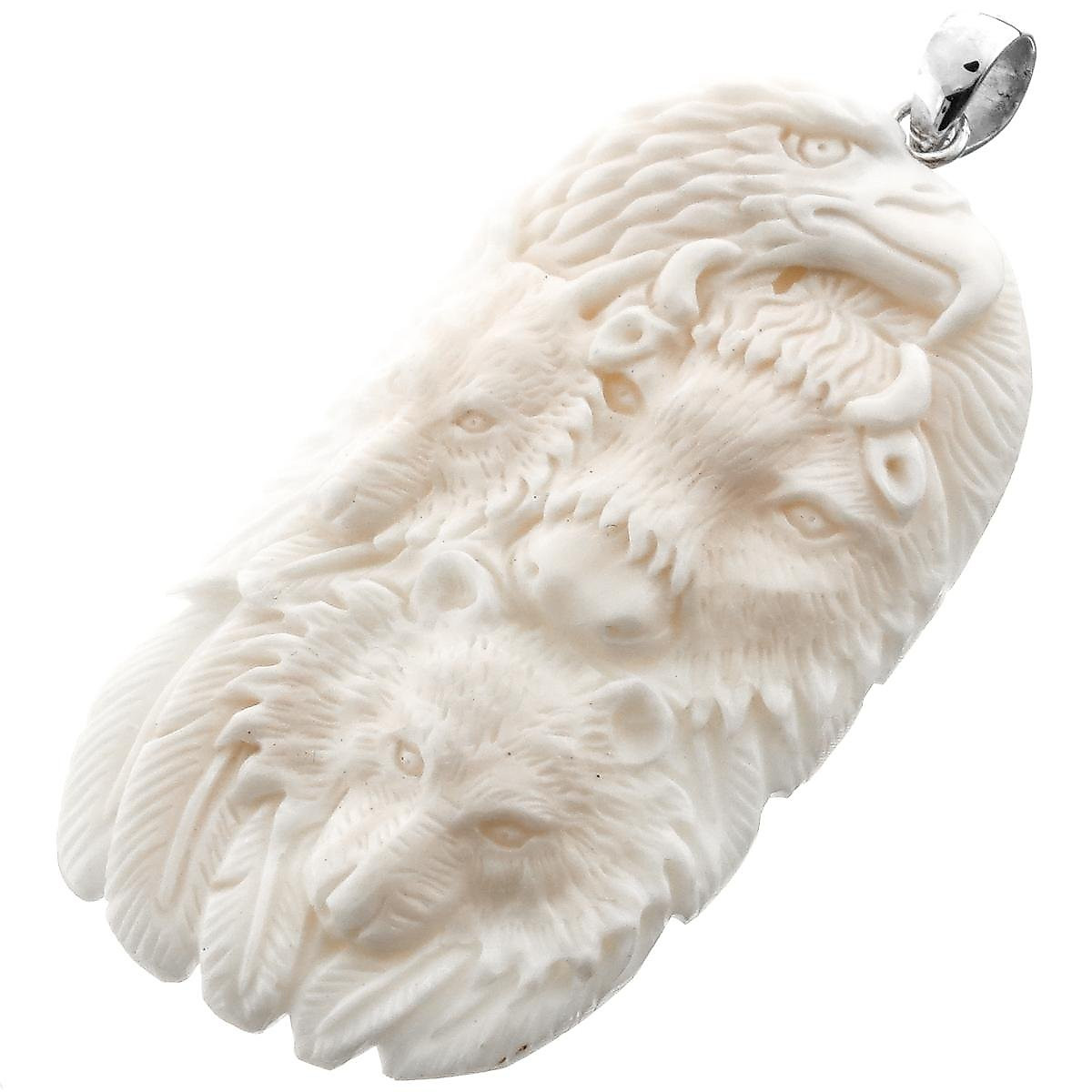 Hand Carving Totem Eagle Wolf Bison Bone 925 Sterling Silver Pendant, 3"