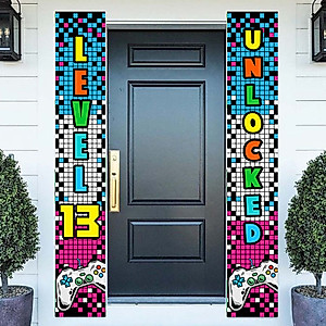 Level 13 Unlocked Happy 13th Birthday Level Up Banner Backdrop Background Photo Booth Props Video Game Game Controller Theme Decor for Door Porch Boys Girls 13th Birthday Party Supplies Decorations