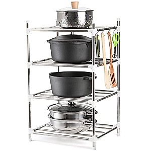 Cedilis 4 Tier Metal Storage Rack with Hooks, Standing Shelf Units for Kitchen Pan Pot Organizer, Pantry Cabinet Shelf Organizer, 26.7 x 15.2 x 12.6IN