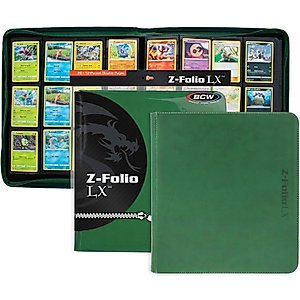BCW Z-Folio LX Zipper Portfolio - Premium Green Leatherette 12-Pocket Playset Album - Secure Zipper - 480 Card Capacity - Card Collector's Dream - Card Organizer - Trading Card Storage