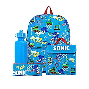 Sonic The Hedgehog Backpack Set | Backpack, Lunchbag, Pencil Case, Water Bottle | Kids Backpack | Blue