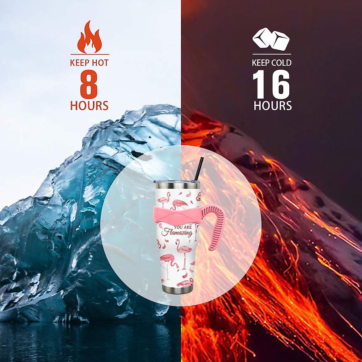 40 oz Tumbler with Handle and Straw 40 oz Flamingo Cup Insulated Stainless Steel Coffee Travel Mug Spill Proof Leak Proof Slim 40oz Tumbler with Handle Flamingo Decor Stuff Gifts for Women