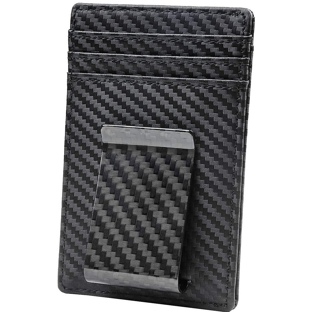 Travelambo Money Clip for Men Carbon Fiber Clip Wallet Leather Slim Minimalist Card Holder RFID Blocking (Weaved Black)