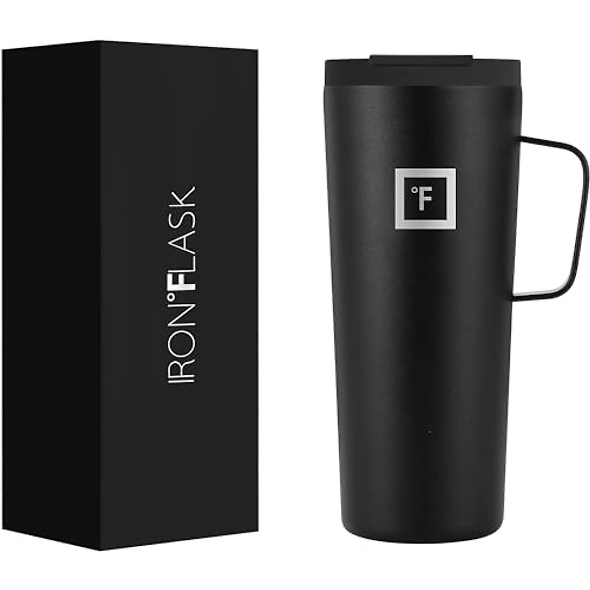 IRON °FLASK Grip Novelty Coffee Mug - Leak Proof, Vacuum Insulated Stainless Steel Bottle, Double Walled, Thermo Travel, Hot Cold, Water Metal Canteen - Midnight Black, 24 Oz - Rubber Bottom