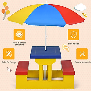 HOMGX Kids Picnic Table, Toddler Picnic Table with Removable & Foldable Umbrella, Plastic Children Patio Furniture for Garden Backyard, Kids Outdoor Table, Multicolored