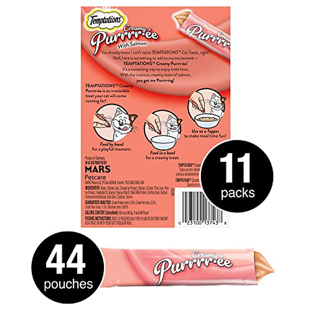 Temptations Creamy Puree with Salmon Lickable, Squeezable Cat Treats, 0.42oz Pouches, 4 Count (Pack of 11)