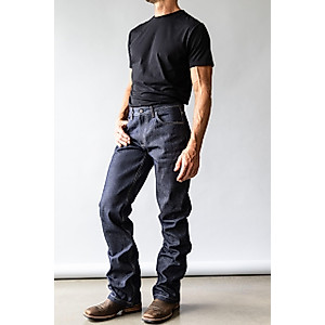 Kimes Ranch Men's Raw Dillon Mid-Low Rise Relaxed Upper Thigh Wide Bootcut Hand-Sanded Integrated Knife Pocket Jean 35W/34L Blue