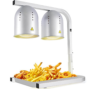 VORIGY Heat Lamp for Food, with Two 250W Bulbs for Fast and Even Heating, Food Heat Lamp with Adjustable Height Stand, Commercial Food Warmer Lamp for Home, Fast Food Restaurant, Buffet, Bakery Silver