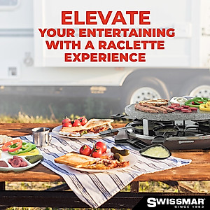 Swissmar 8-Person Raclette Party Grill with Granite Stone Top & Faux Wood Base - Electric Indoor Grill for Versatile Cooking - Includes Raclette Dishes & Spatulas, Ideal for Entertaining & Gifting