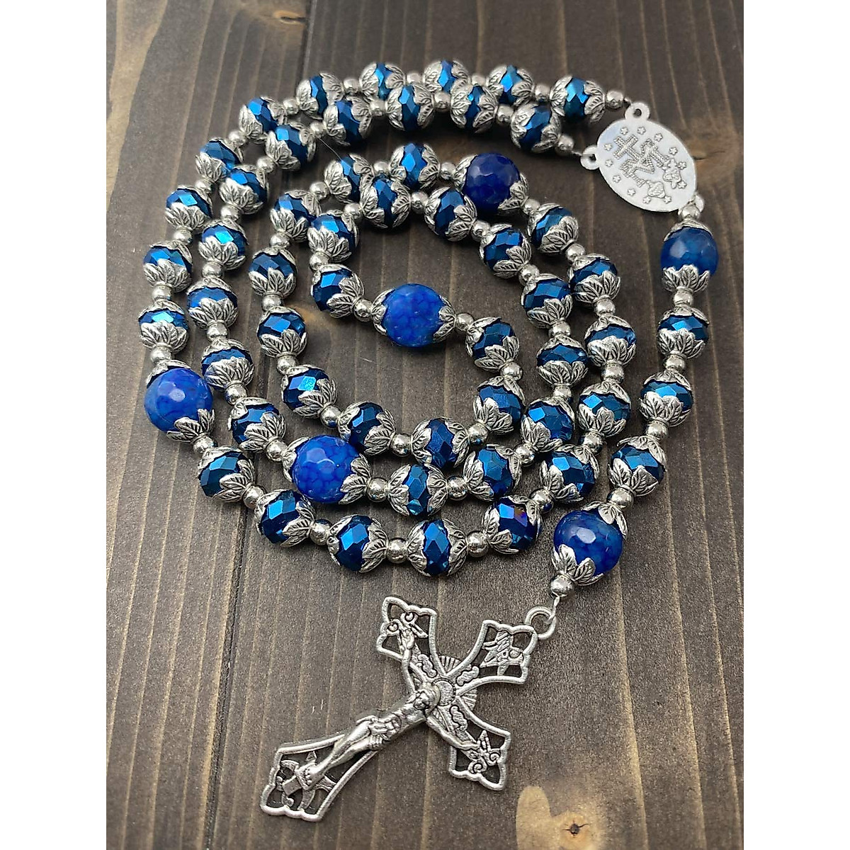 Nazareth Store Deep Blue Crystal Beads Rosary Blue Agate Glory Stone Beaded Necklace Miraculous Medal & Cross Crucifix Religious Rosaries Collection