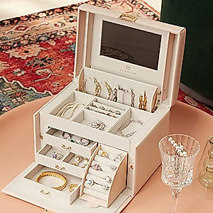 Vlando Jewelry Box Organizer for Girls Women, Large Baroque Jewelry Storage Box with Mirror, Drawers for Bracelets, Earrings, Rings, Necklaces, Mothers Day Gifts for Loved One, Pink