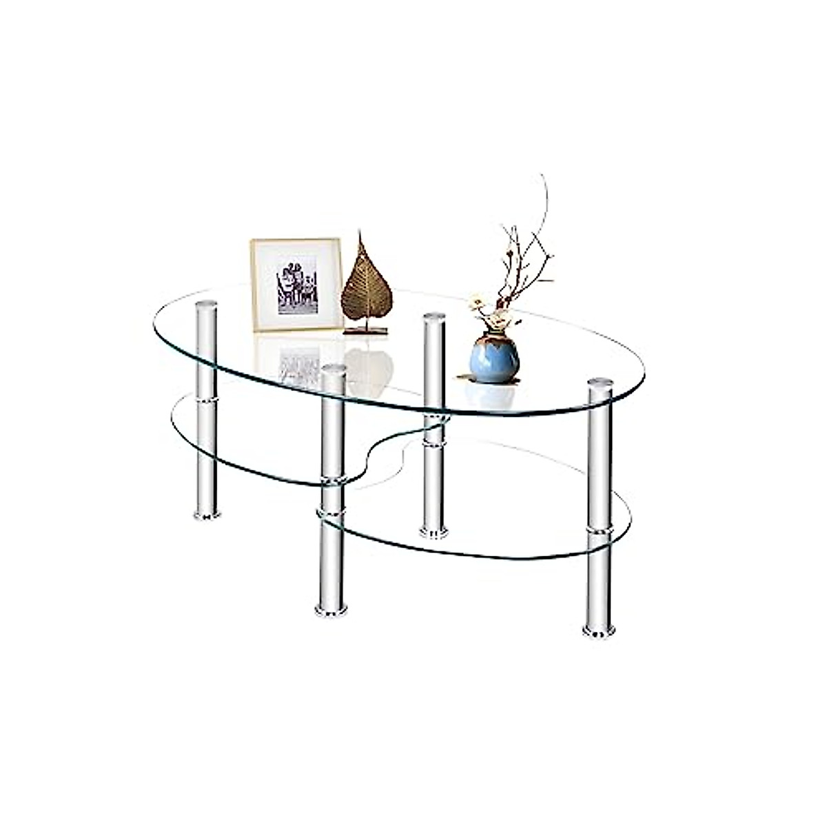 Glass Coffee Table, 3-Tier Oval-Shaped Glass Tea Table Modern Smooth Tea Table w/Spacious Glass Desk-Top Boards & Sturdy Chrome Plated Legs Home Office Reception