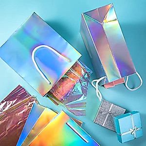 12 Pcs Holographic Silver Gift Bags Iridescent Party Bags with Handles and 20 Pcs Rainbow Glossy Clear Film Cellophane Sheets Reflective Wrapping Paper for Party Supplies