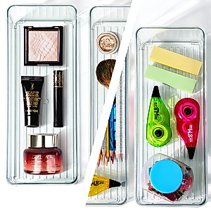 Qilinba 8 PACK Clear Stackable Drawer Organizer Bins, Plastic Organizer Bins for Cutlery Vanity Storage Tray for Bathroom Kitchen Office Desk Organizing