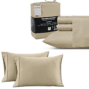 100% Organic Cotton Twin Sheet Set & Standard Pillowcases Set of 2 Combo- 300 Thread Count Long Staple Cotton Sheets,3 Pc Twin Size Sheets & Standard Pillowcases, Sateen Sheets, Breathable - Tan