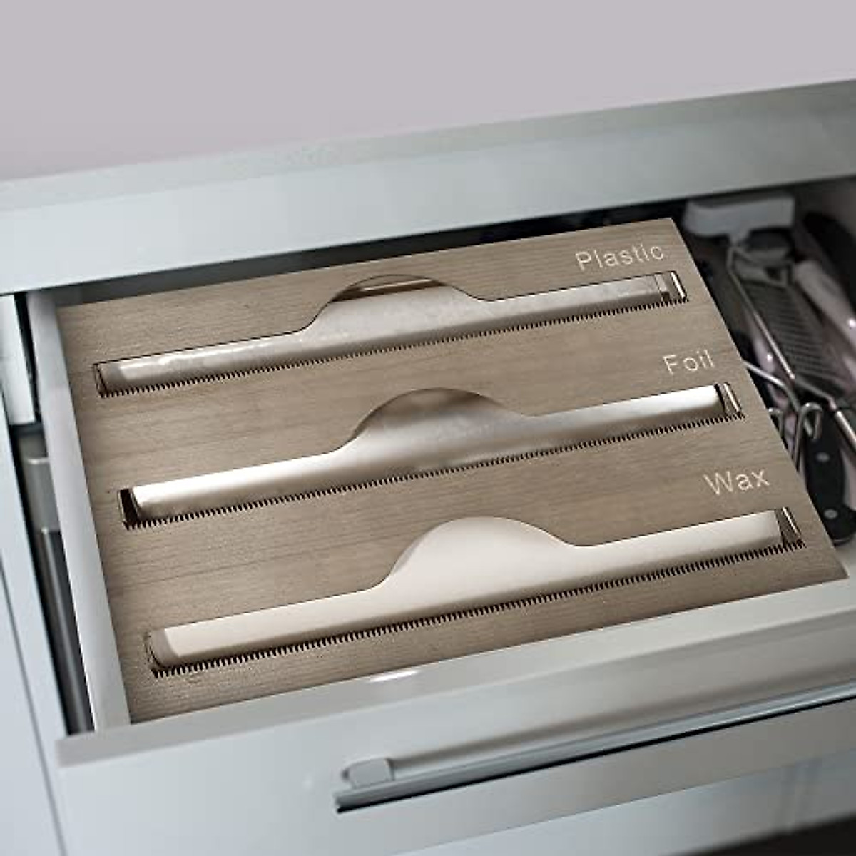 Wooden Foil and Plastic Wrap Organizer with Cutter Serrated Edge Dispenser, Kitchen Drawer or Wall Mounted Storage, Roll Holder for Cling, Aluminum, Parchment Paper, or Wax Rolls